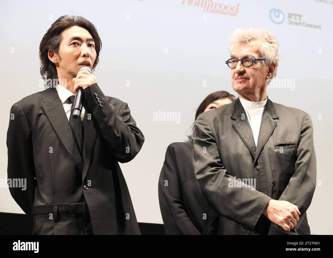 Tokyo, Japan. 23rd Oct, 2023. Japanese actor Tokio Emoto (L) speaks ...