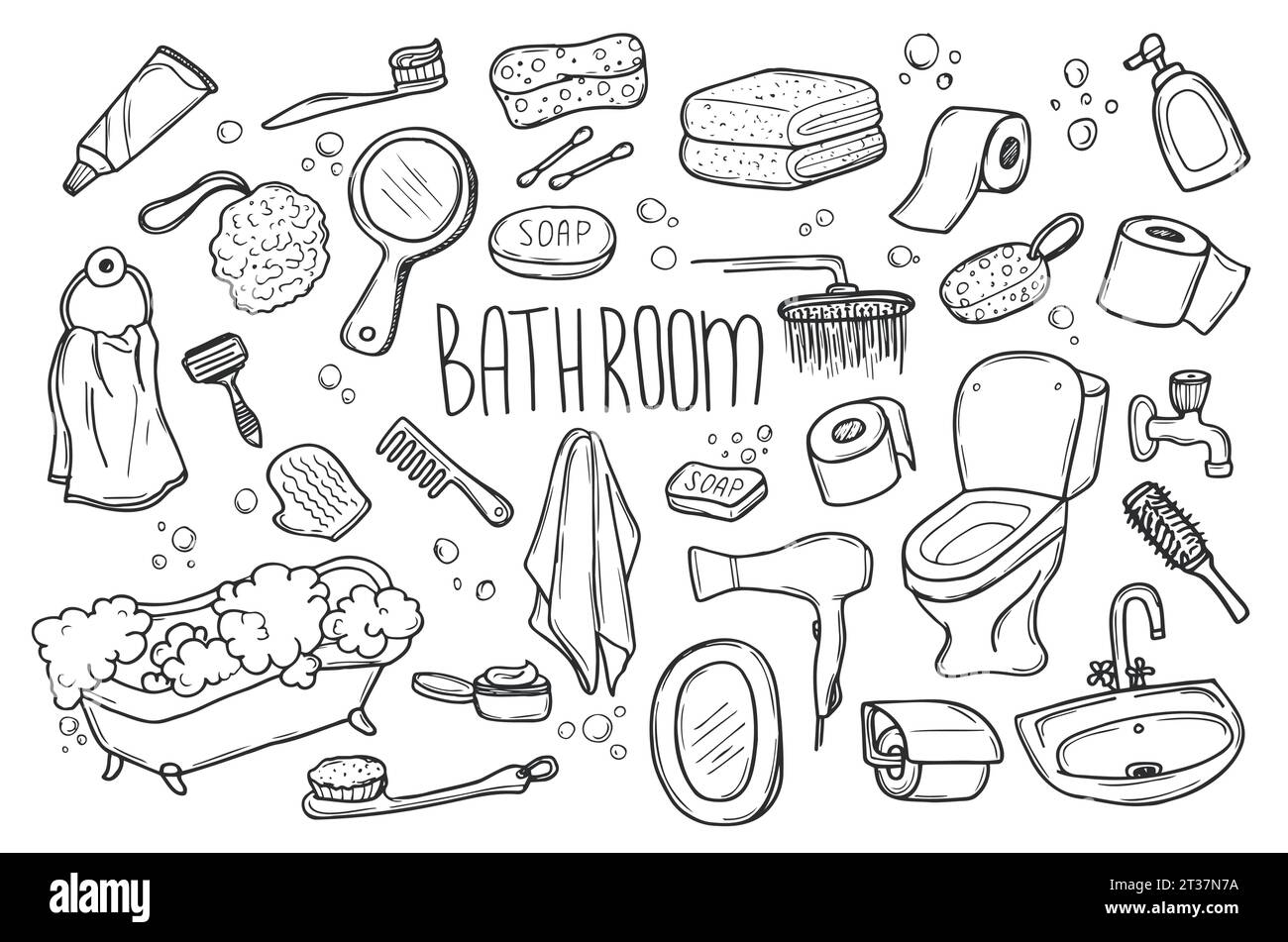 Hand drawn set of Bathroom doodle. Towel, bathrobe, shower, bathtub, mirror in sketch style ...