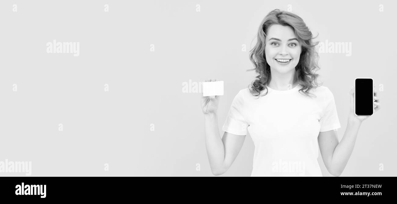 Woman isolated face portrait, banner with mock up copy space. happy redhead woman showing credit ...