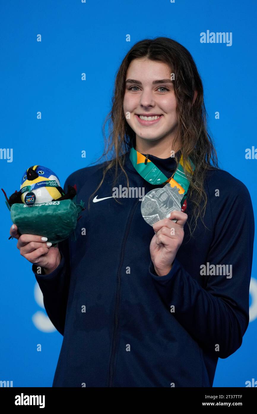Rachel Stege of the United States poses with silver medal at the podium ...