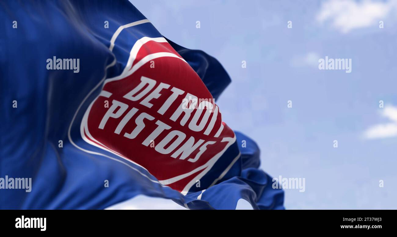 Detroit, US, Sept 10 2023: Detroit Pistons flag waving on a clear day ...