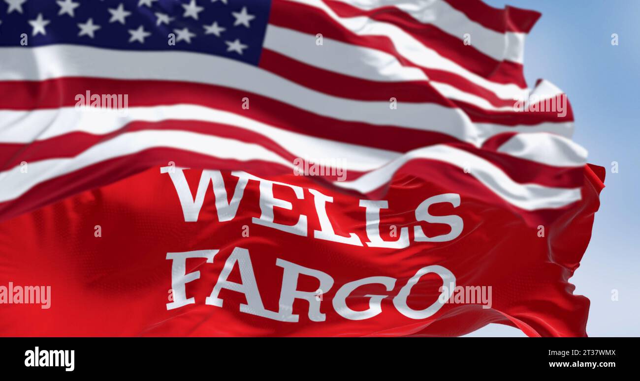 San Francisco, US, Oct. 1 2023: Close-up of Wells Fargo bank flag ...
