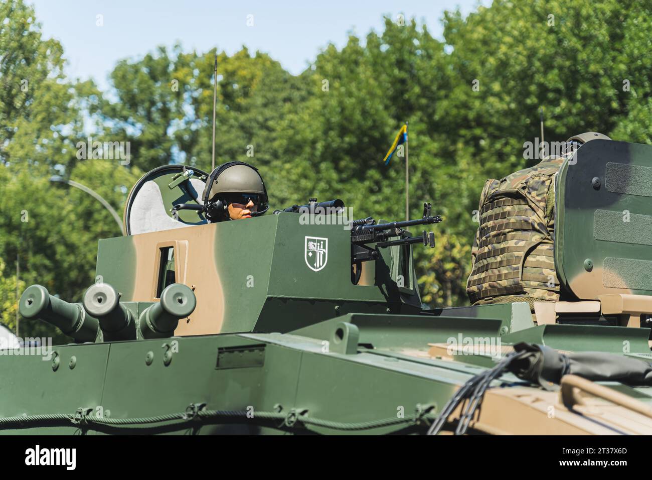 16.08.2023 Warsaw, Poland. Loader's hatch in a military tank. Outdoor ...