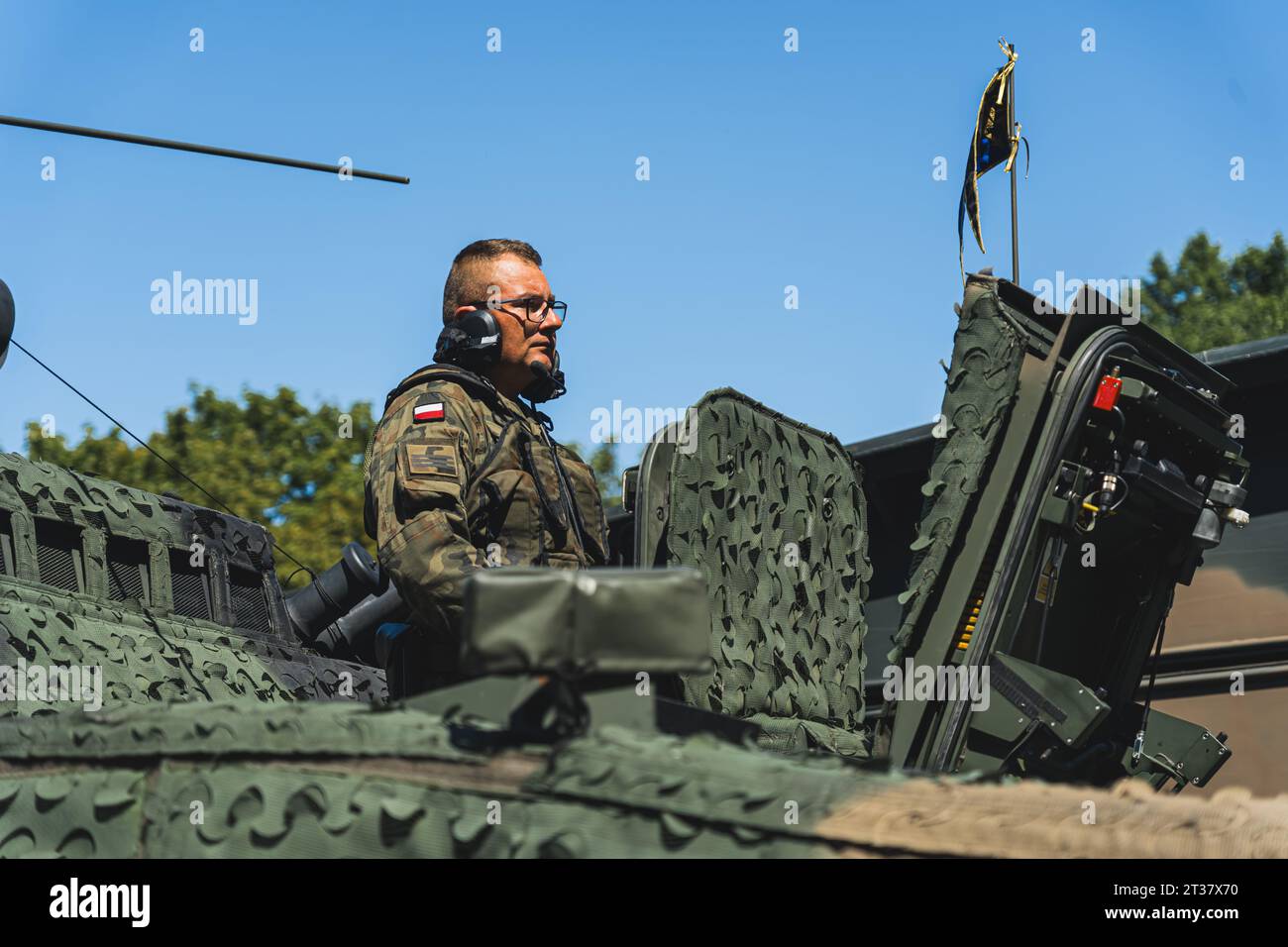 16.08.2023 Warsaw, Poland. Focused Polish male tank crew member ...
