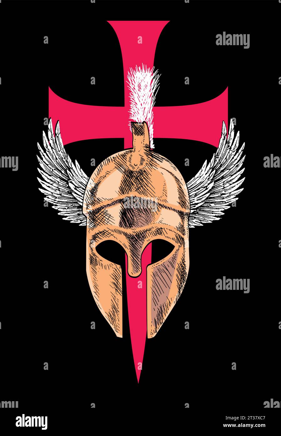 T-shirt design of a winged Spartan helmet next to a large medieval ...