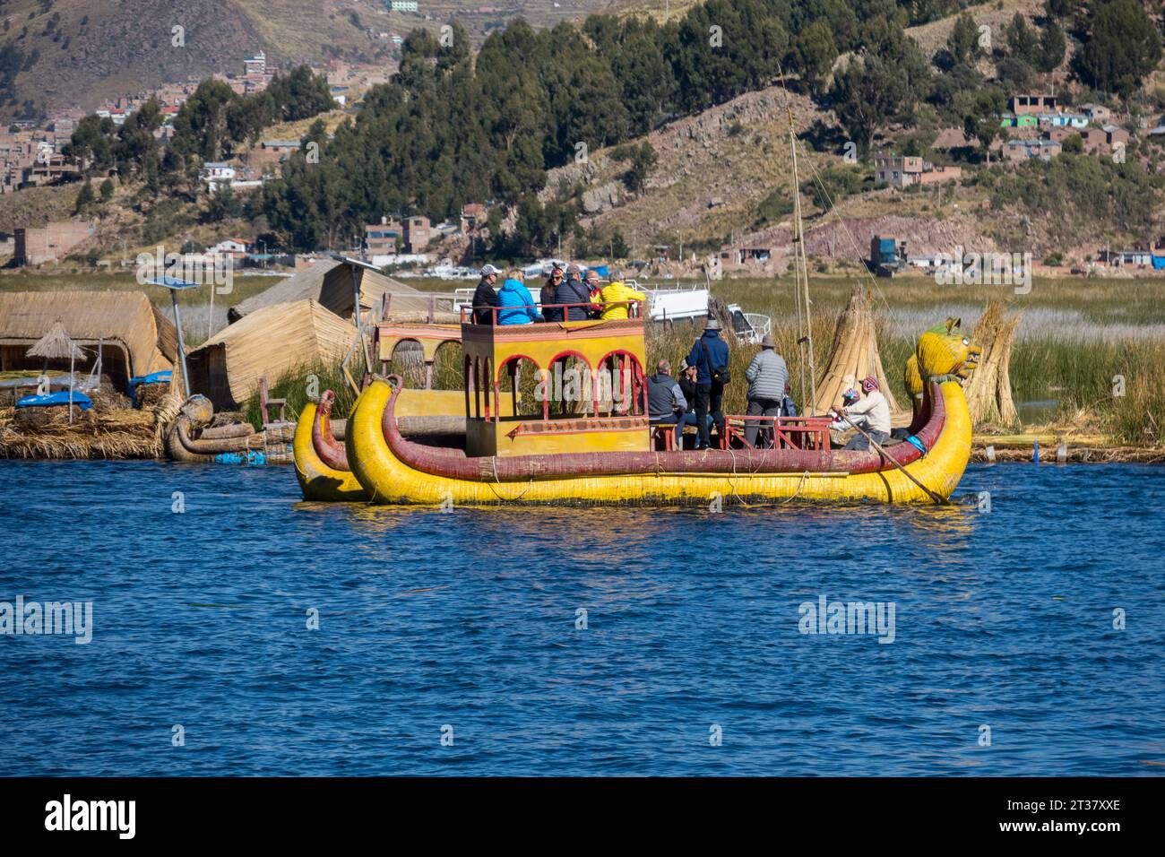 Traditional boat of floating islands of the Uros community. The Uros ...