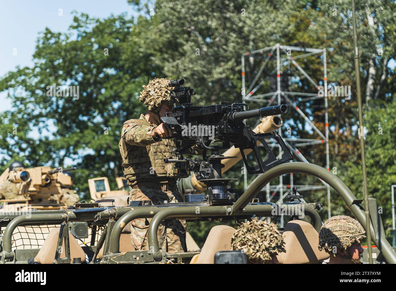 Standing army soldier aiming rifle military transportation hi-res stock ...