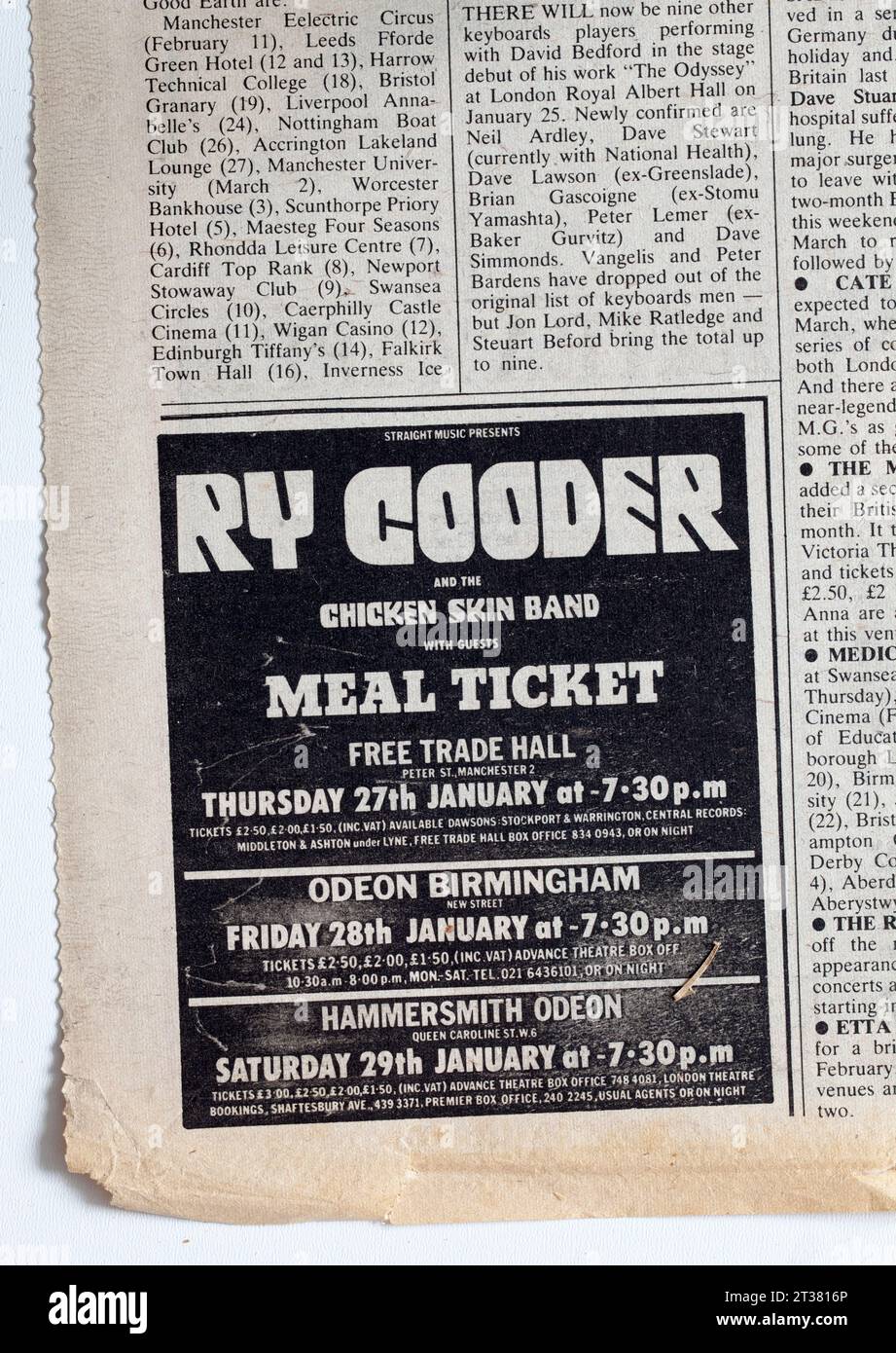 Advert for Concert by Ry Cooder in 1970s NME Music Paper - New Musical ...