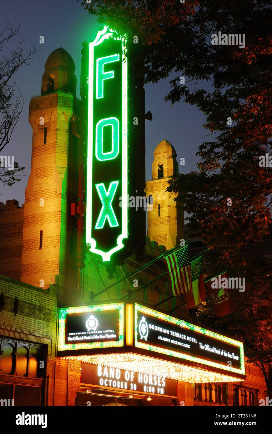 The marquee of the historic Fox Theater is illuminated at night in ...