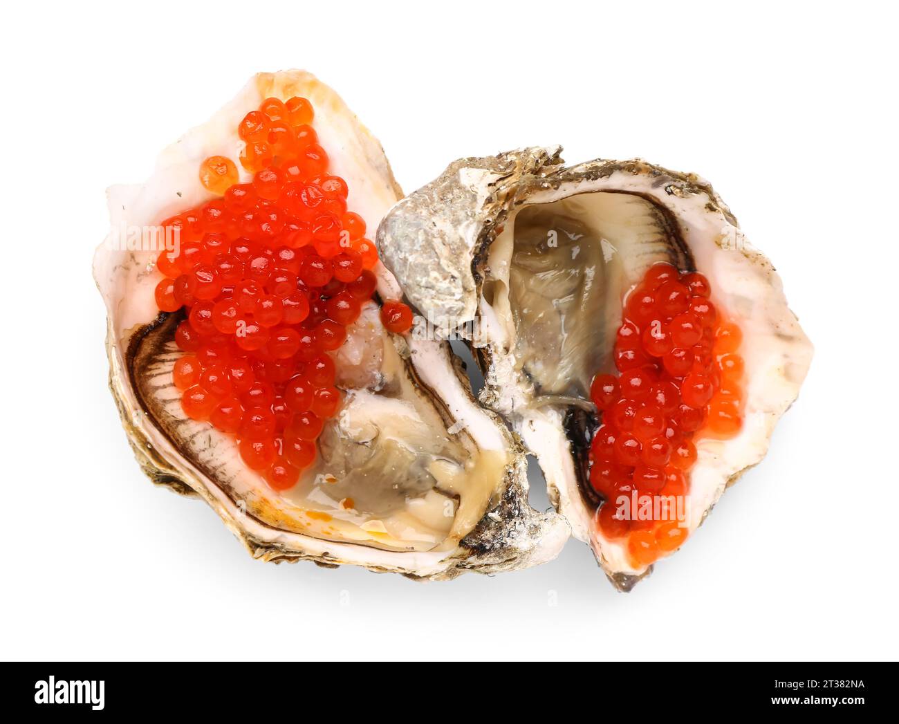 Tasty oysters with red caviar on white background Stock Photo - Alamy