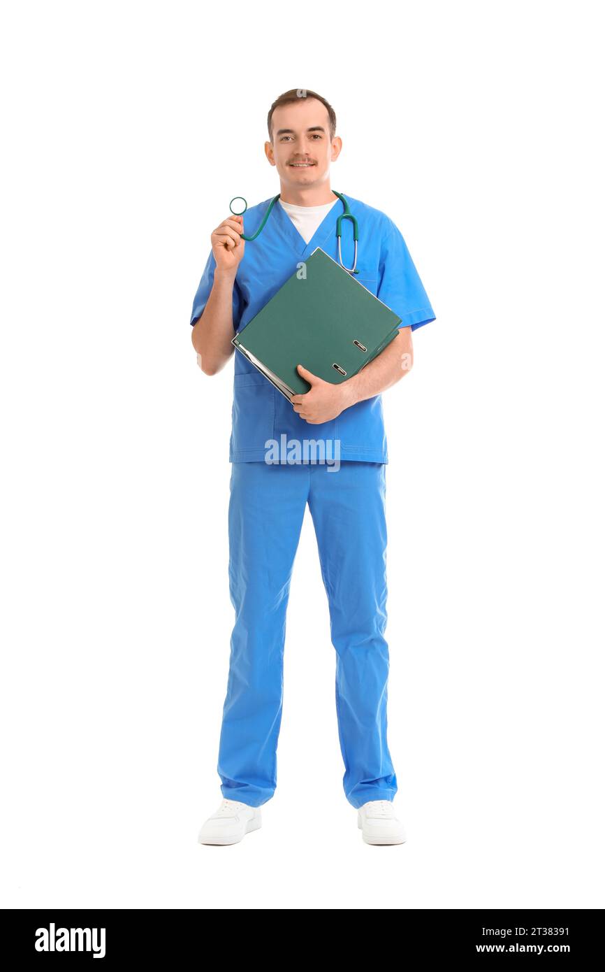 Male medical student with folder on white background Stock Photo - Alamy