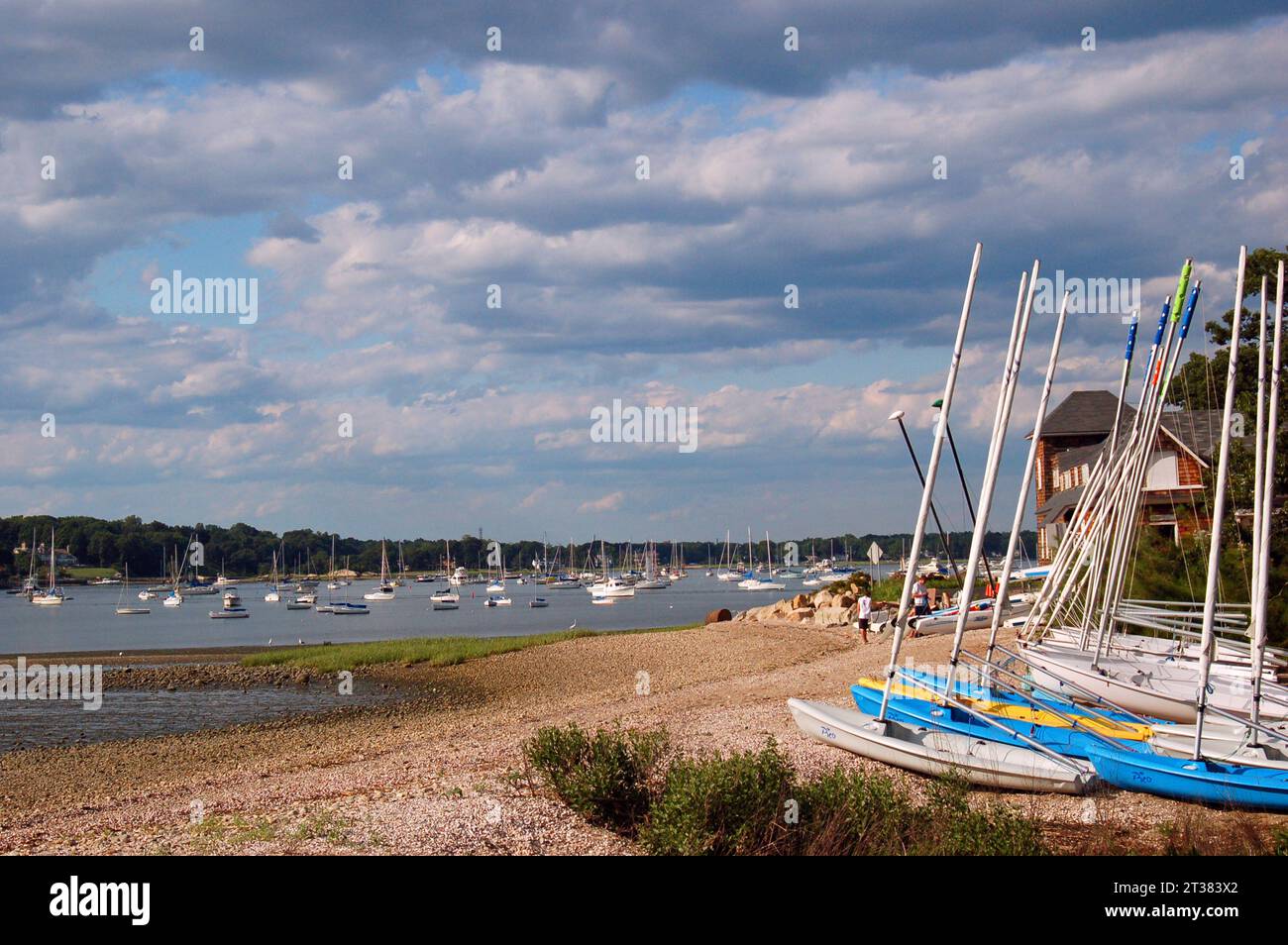 Sailboats and catamarans line up near the edge of the bay on a beach in ...