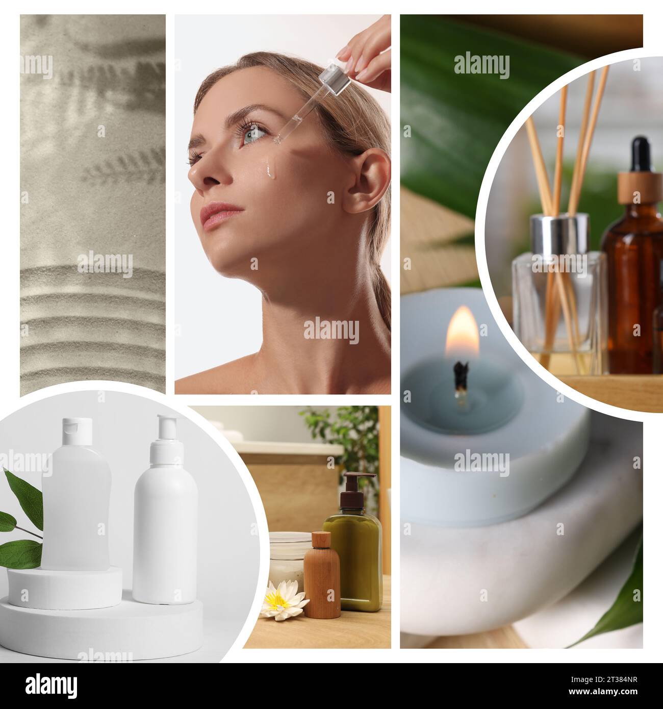 Spa treatment, collage. Photo of beautiful woman applying serum ...