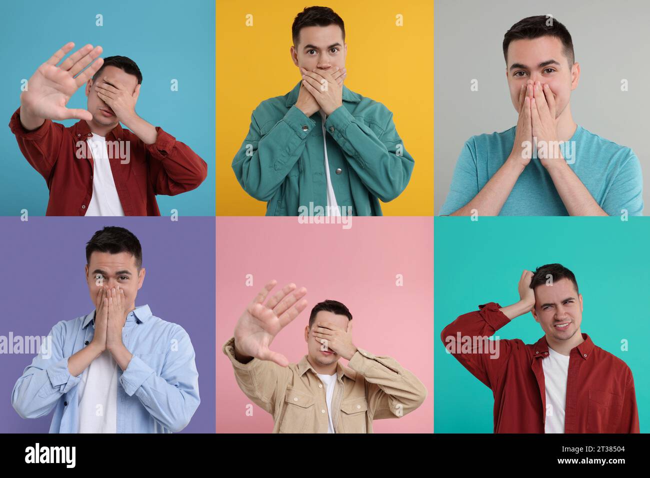 Collage with photos of embarrassed man on different color backgrounds ...