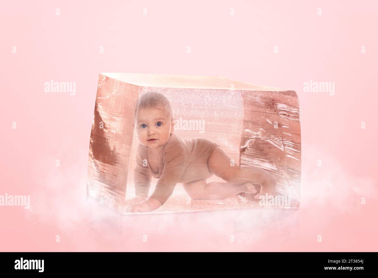 Cryopreservation as method of infertility treatment. Baby in ice cube ...