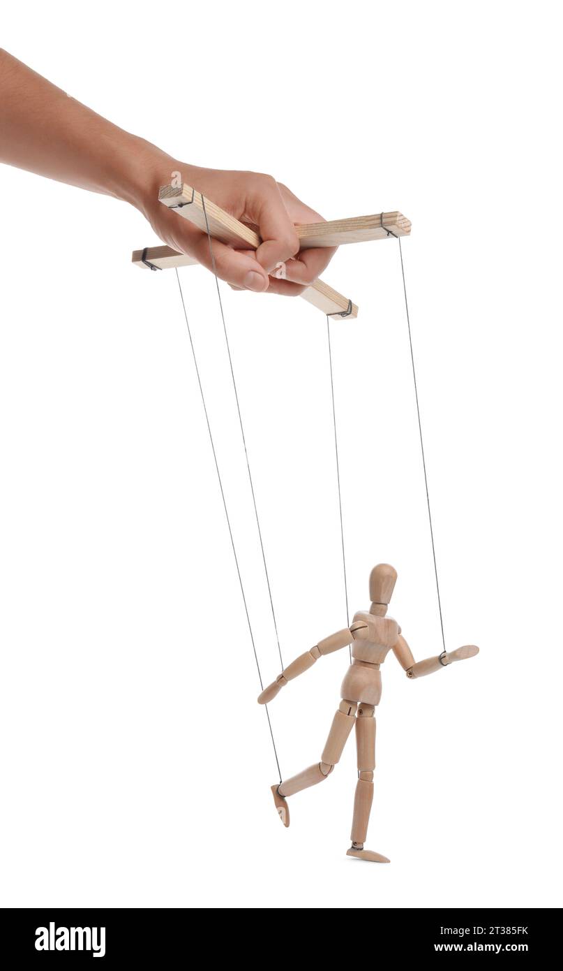 Man pulling strings of puppet on white background, closeup Stock Photo ...
