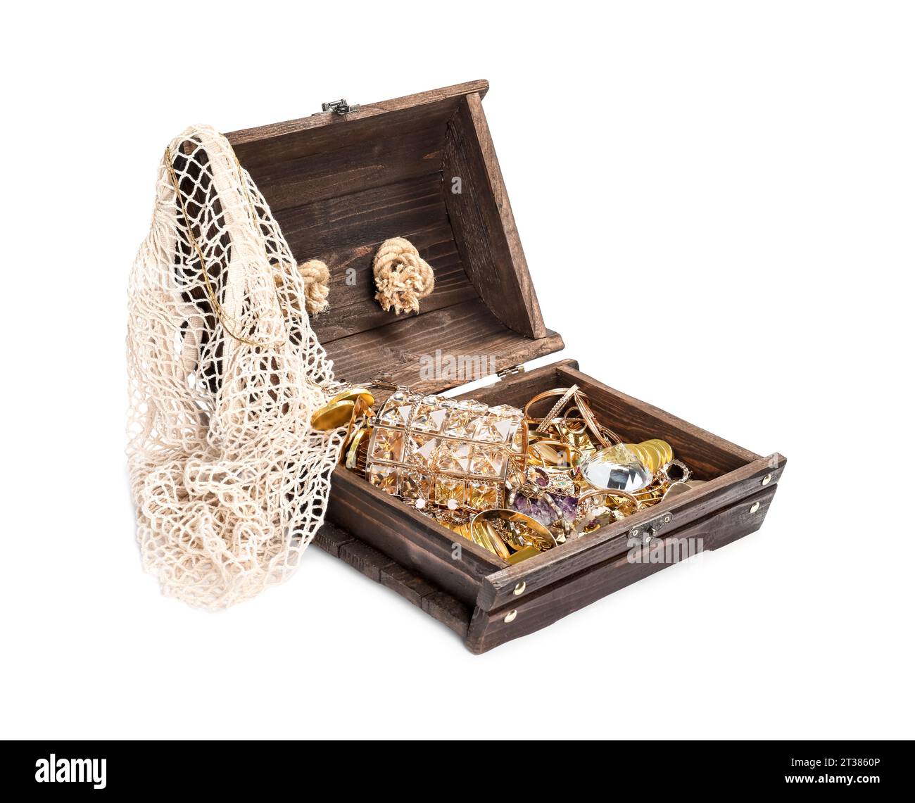 Wooden treasure chest with net, gold coins, jewelry and gemstones ...