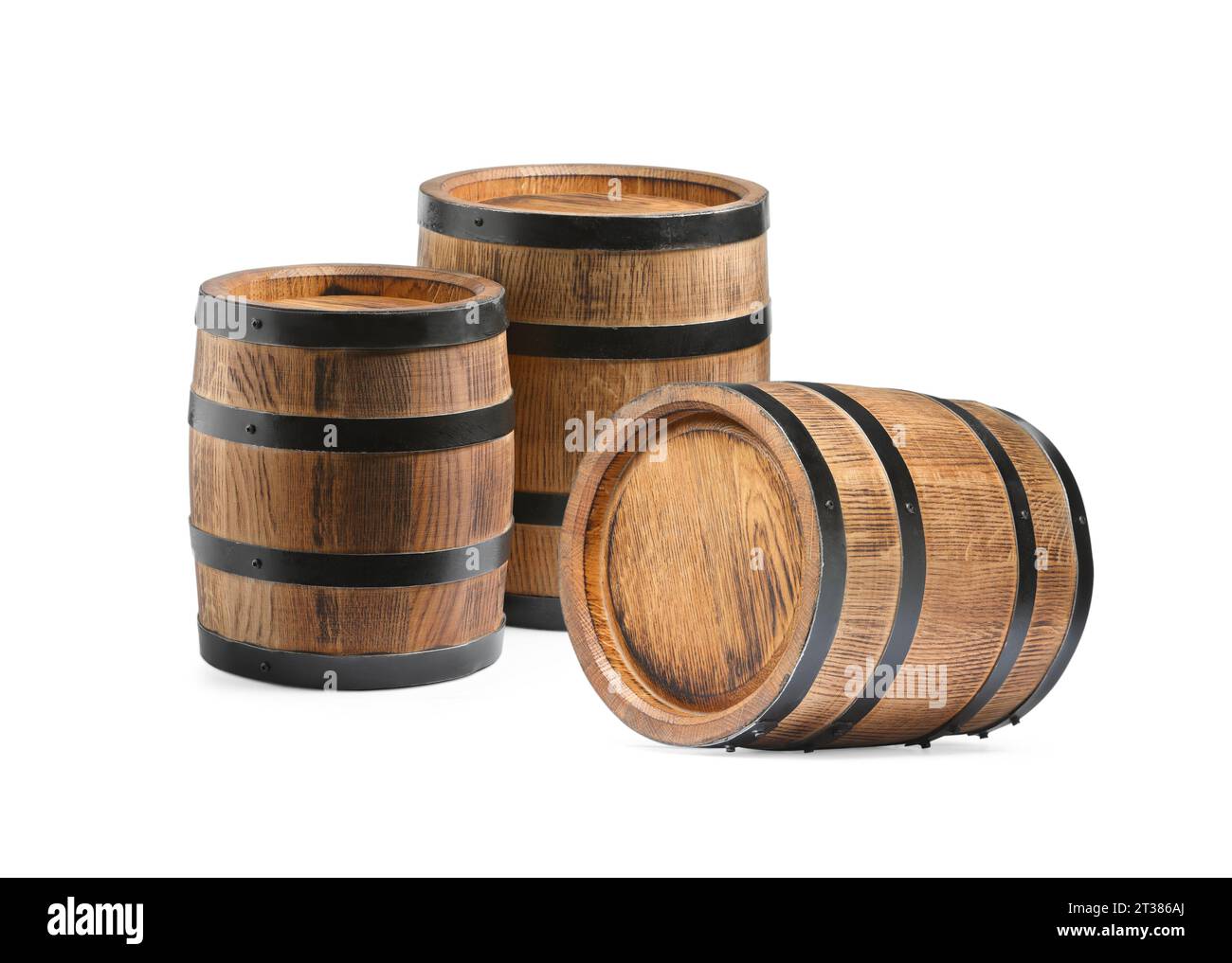 Set of many wooden barrels on white background Stock Photo - Alamy