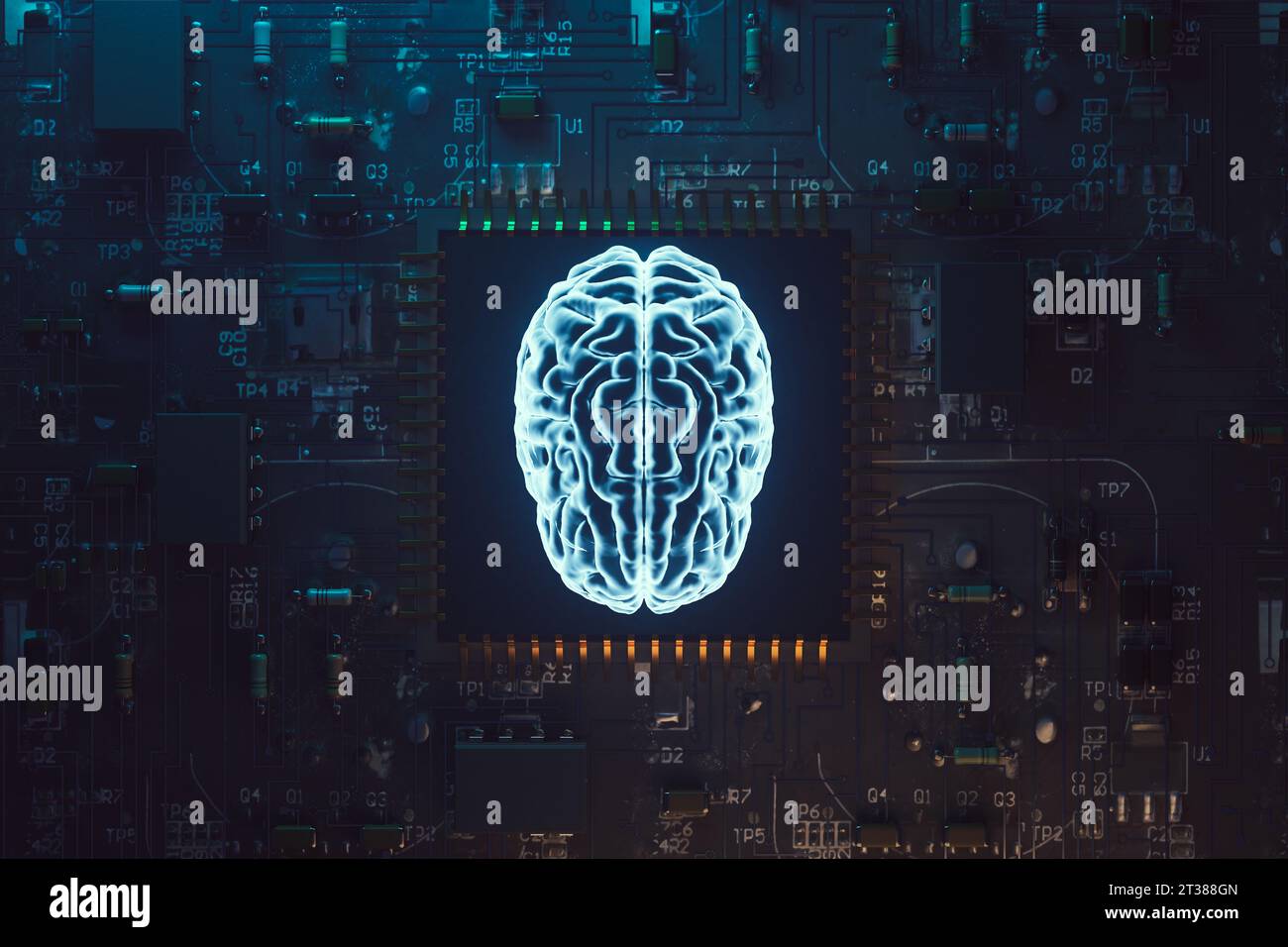 Background of artificial intelligence brain floating hologram on AI semiconductor chip, 3d ...