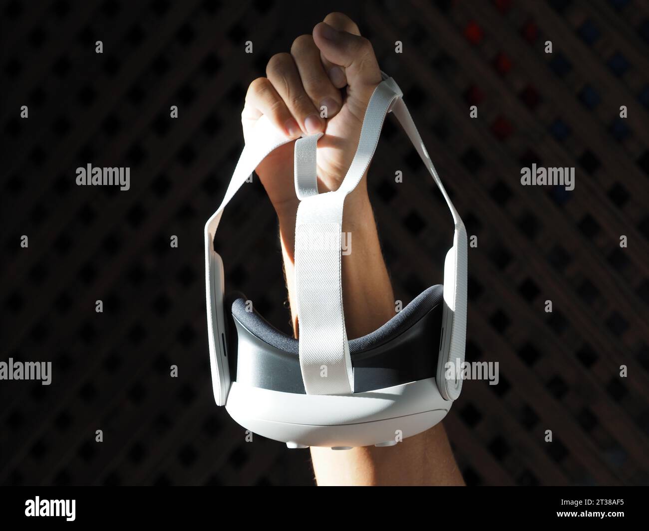 Hands holding new white VR glasses with cameras. Mixed reality headset ...