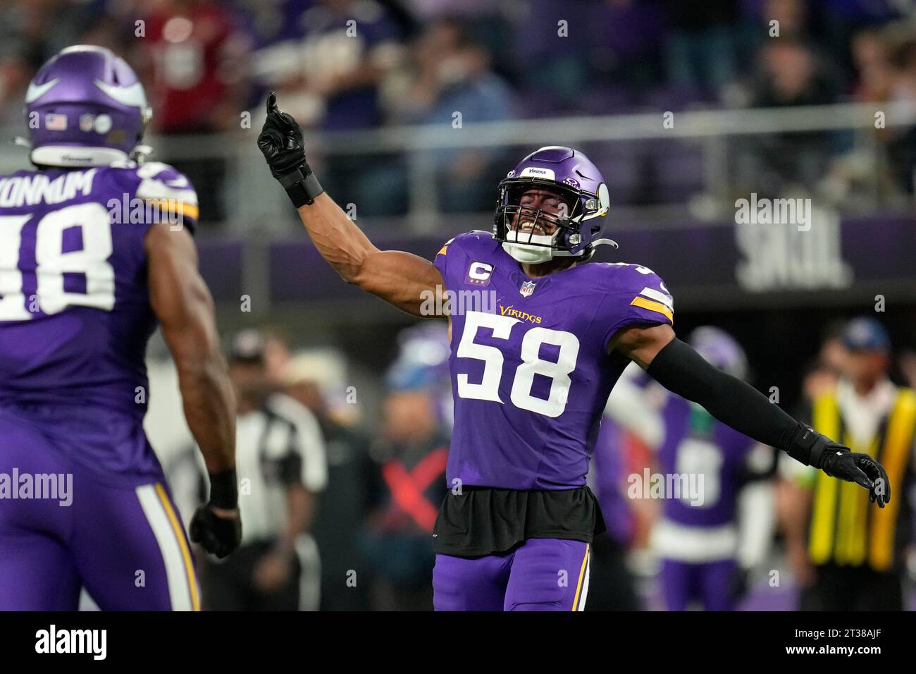 Minnesota Vikings linebacker Jordan Hicks (58) celebrates after a third ...