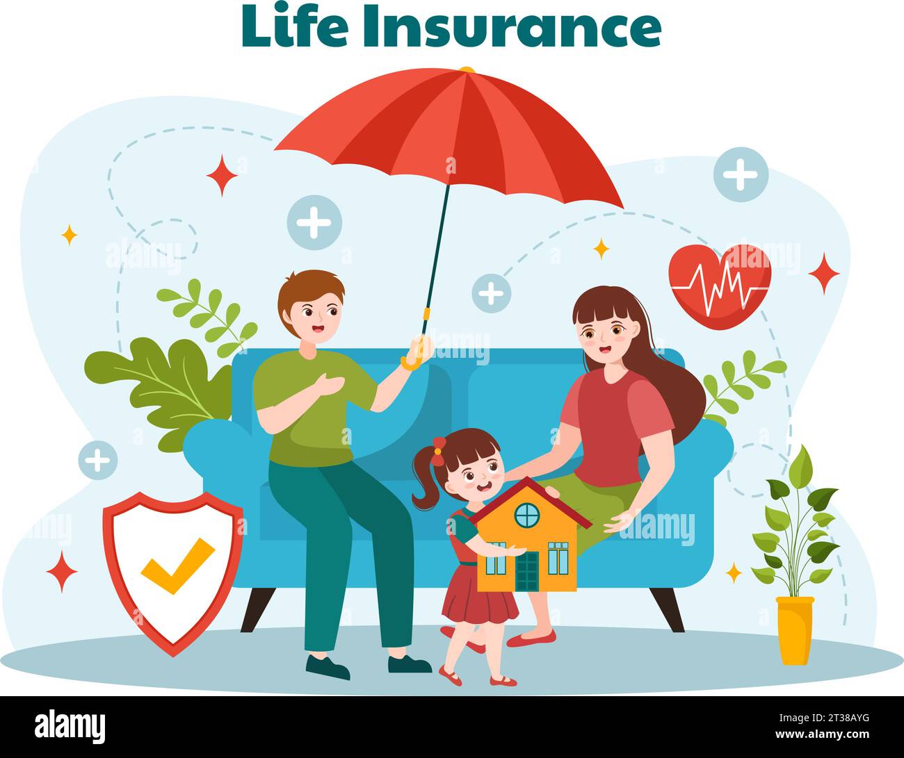 Life Insurance Vector Illustration with Check Marks, Shield and ...