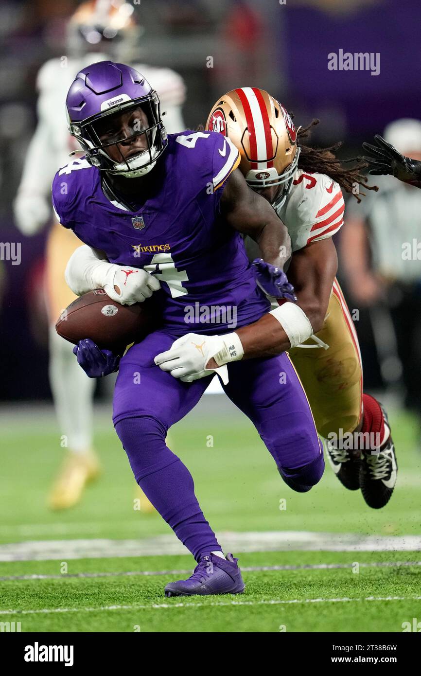 Minnesota Vikings wide receiver Brandon Powell (4) is tackled by San ...