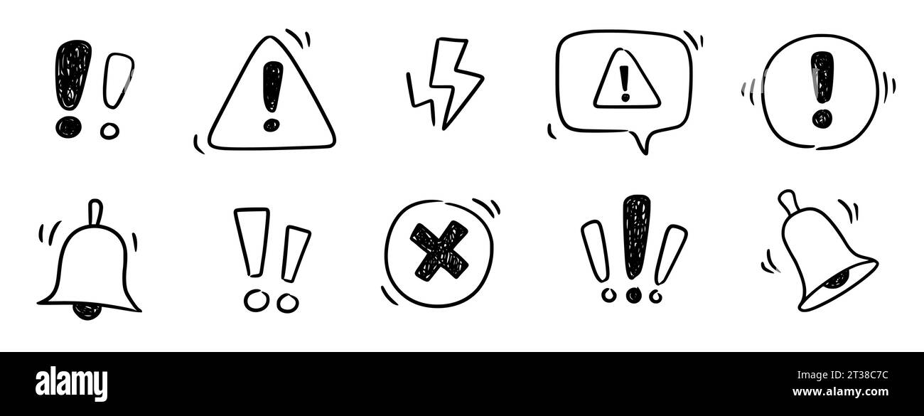 Doodle exclamation mark, alert danger sign set. Scribble hand drawn ...