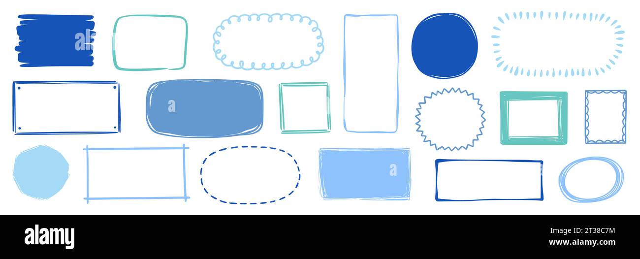 Hand drawn doodle color frame set. Box, square, rectangle, circle shape ...