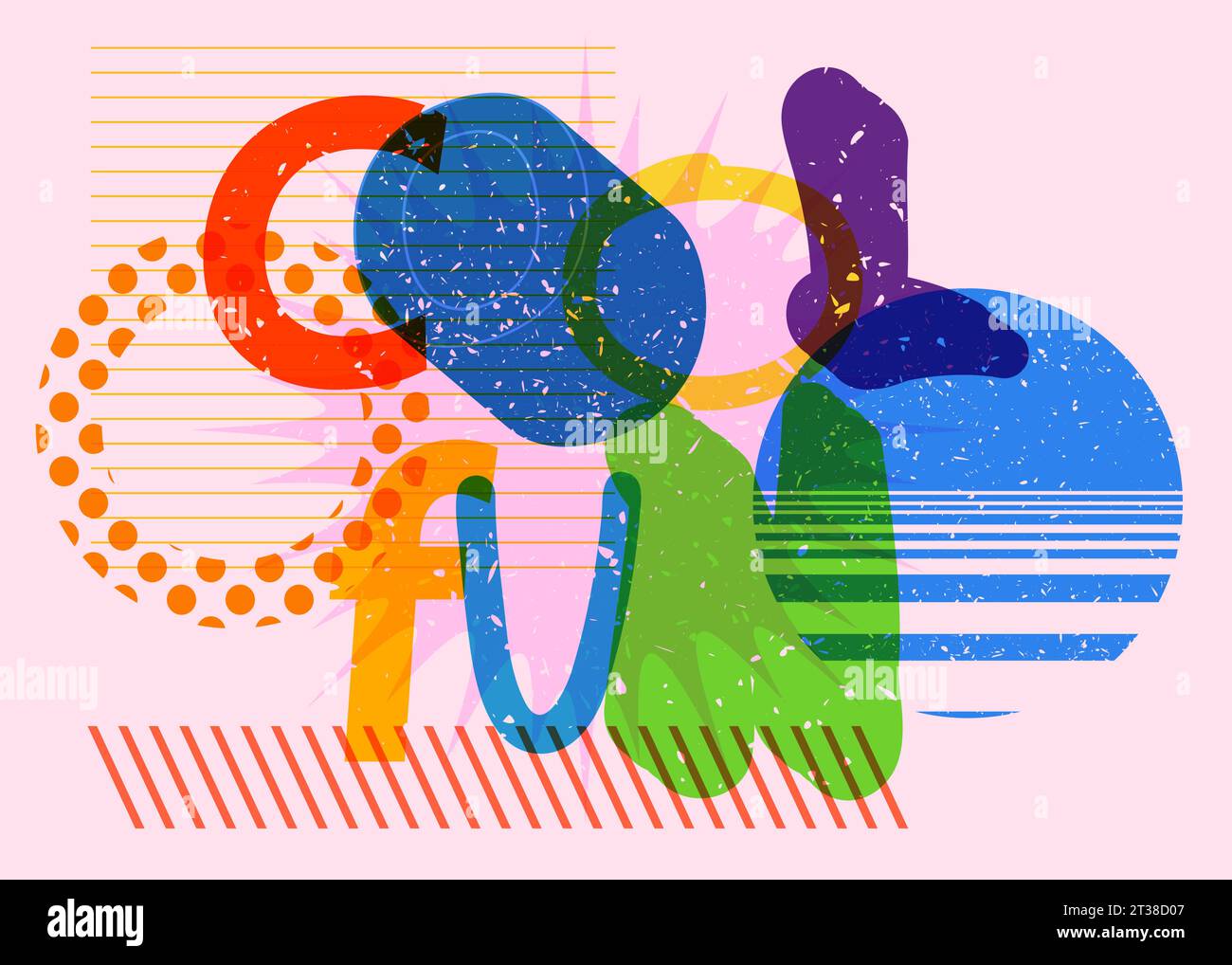 Risograph Cool Fun word with geometric shapes. Object in trendy riso ...