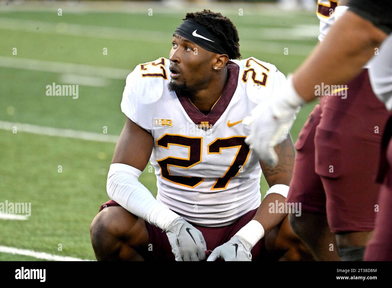 IOWA CITY, IA - OCTOBER 21: Minnesota safety Tyler Nubin (27) sits on ...