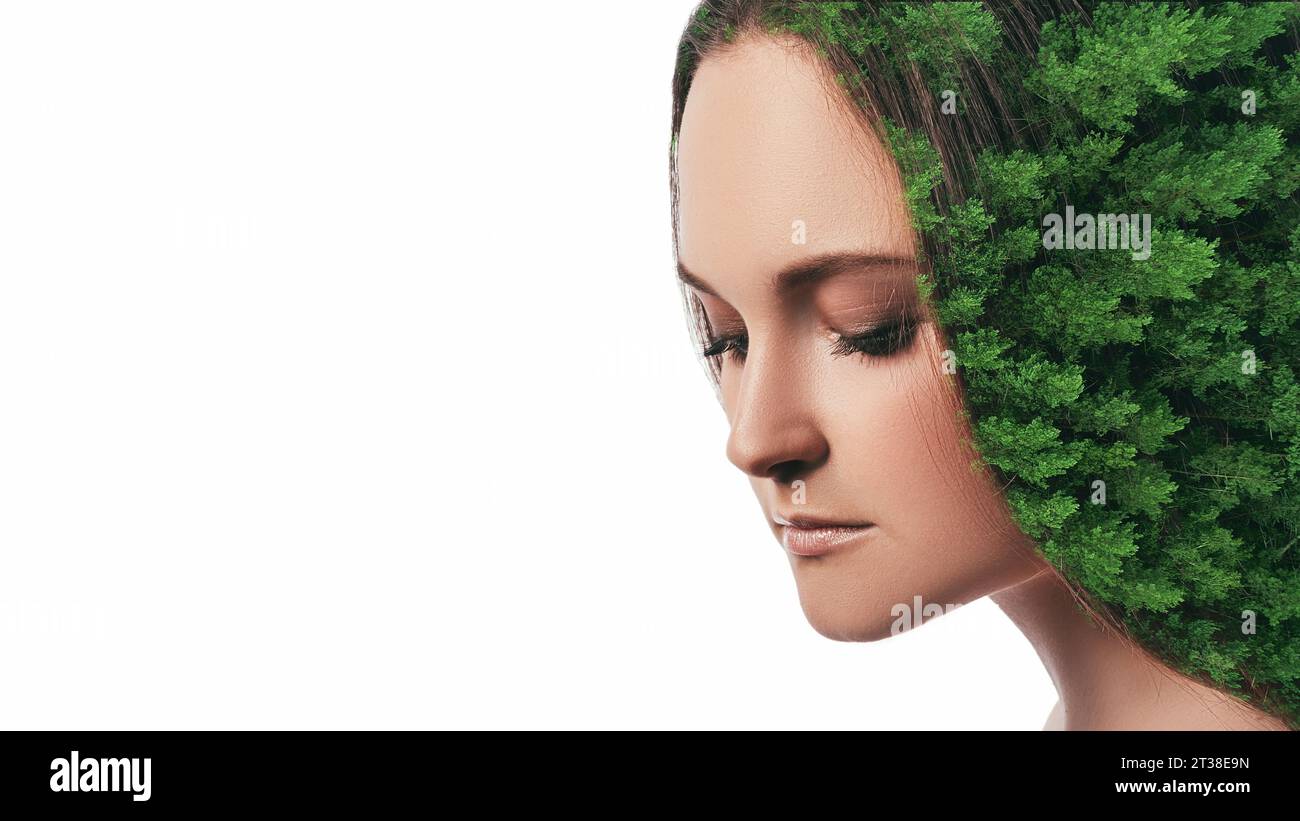 Organic cosmetology woman face trees foliage hair Stock Photo - Alamy