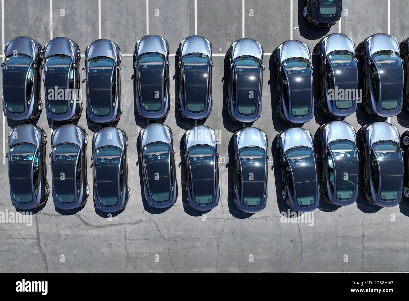 General overall aerial view of Tesla Model 3 vehicles awaiting delivery ...