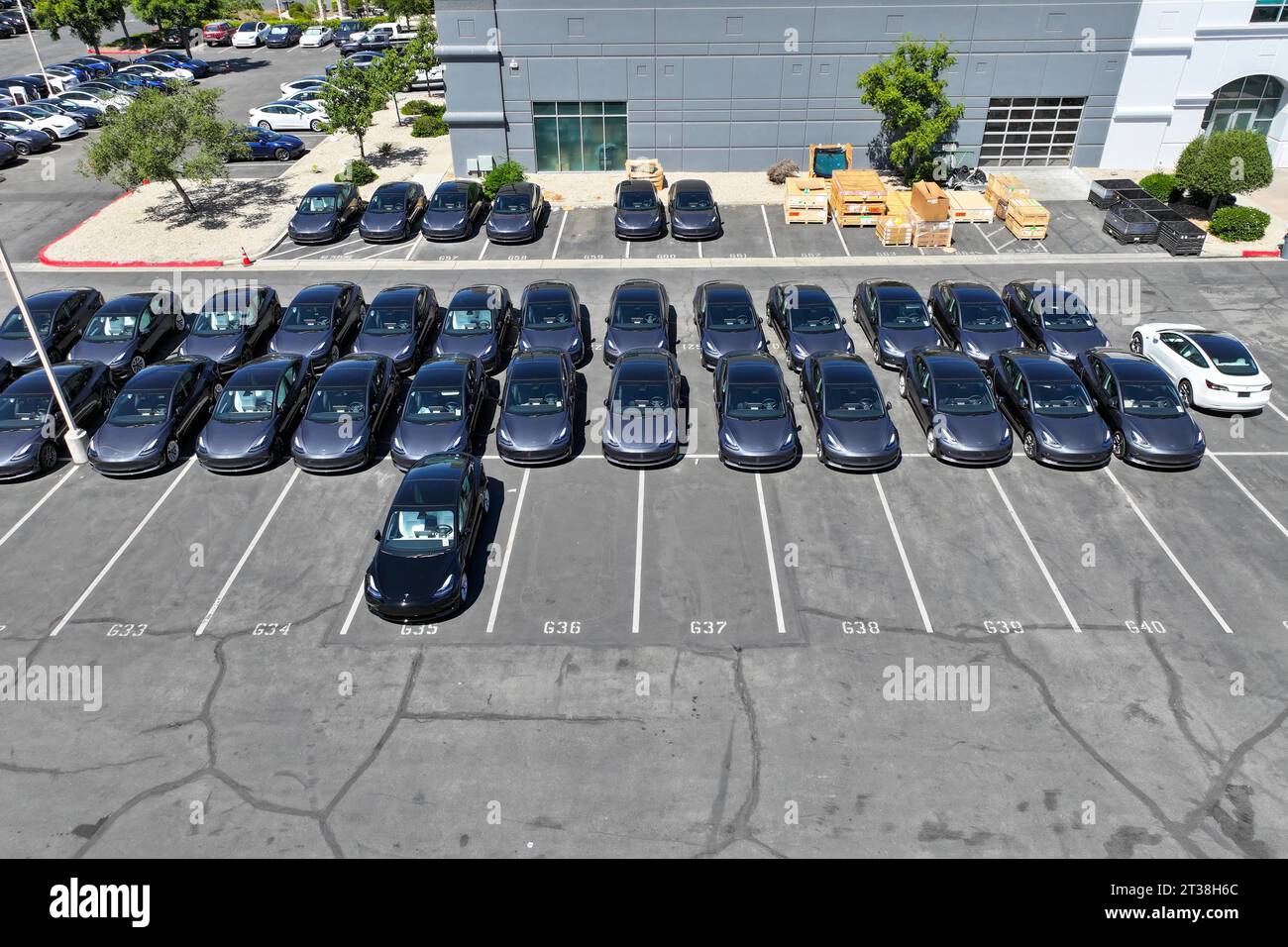 General overall aerial view of Tesla vehicles at the Riverside ...