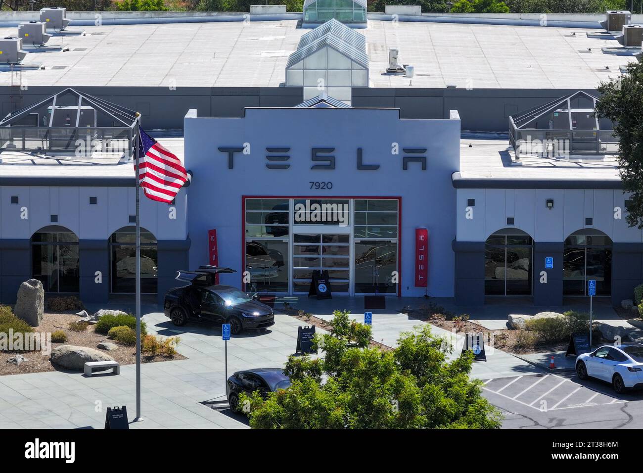 General overall aerial view of the Riverside-Lindbergh Tesla Dealership ...