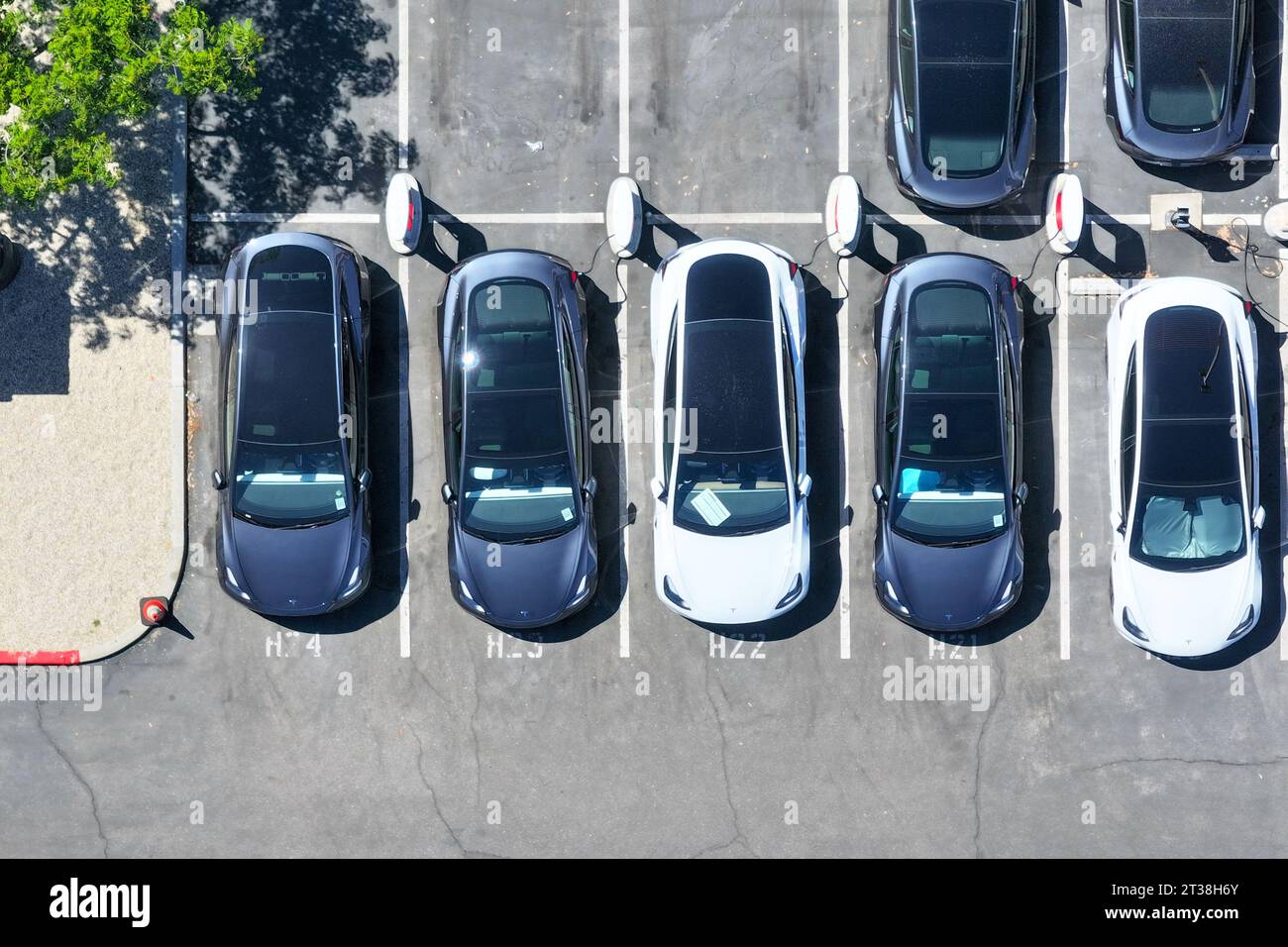 General overall aerial view of Tesla vehicles at the Riverside ...