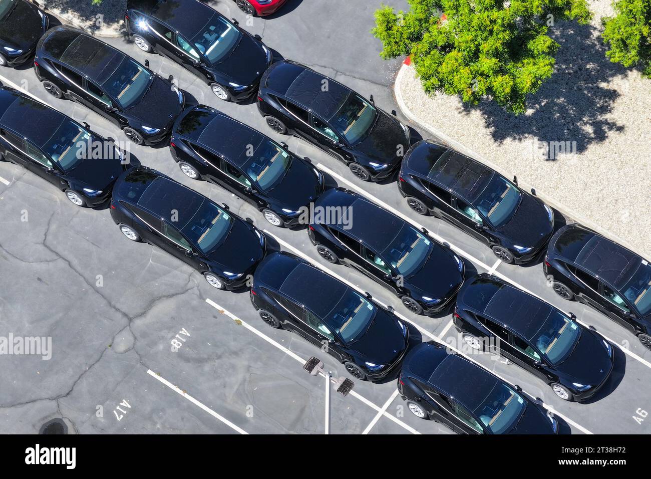 General overall aerial view of Tesla vehicles at the Riverside ...