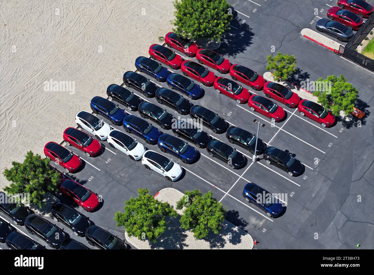 General overall aerial view of Tesla vehicles at the Riverside ...