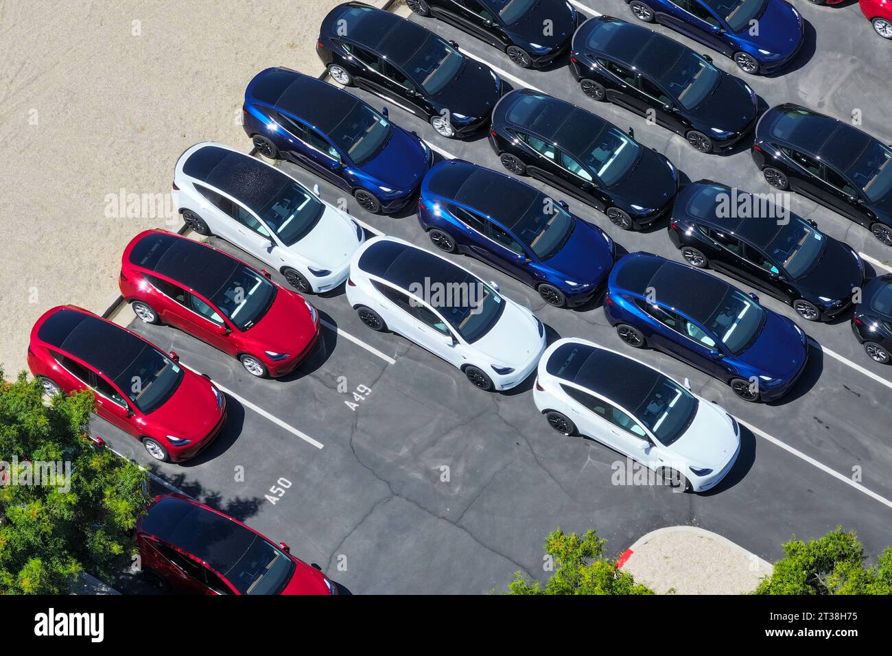 General overall aerial view of Tesla vehicles at the Riverside ...