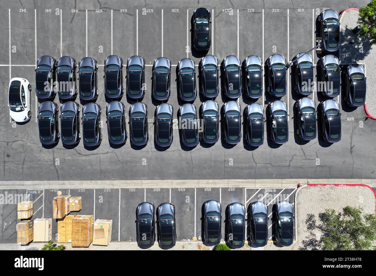 General overall aerial view of Tesla Model 3 vehicles awaiting delivery ...