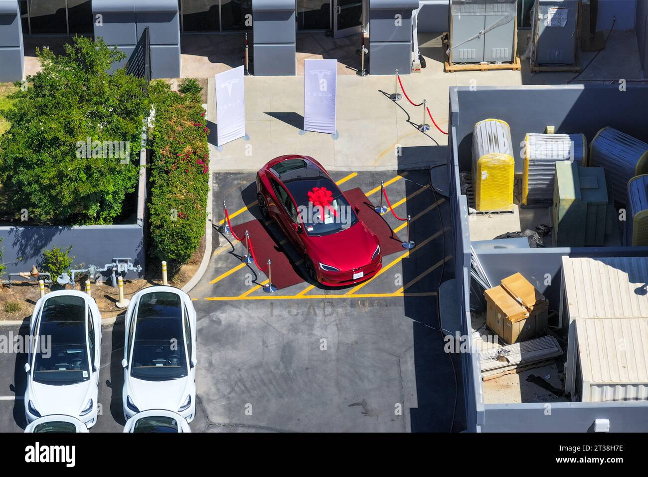 General overall aerial view of Tesla vehicles at the Riverside ...