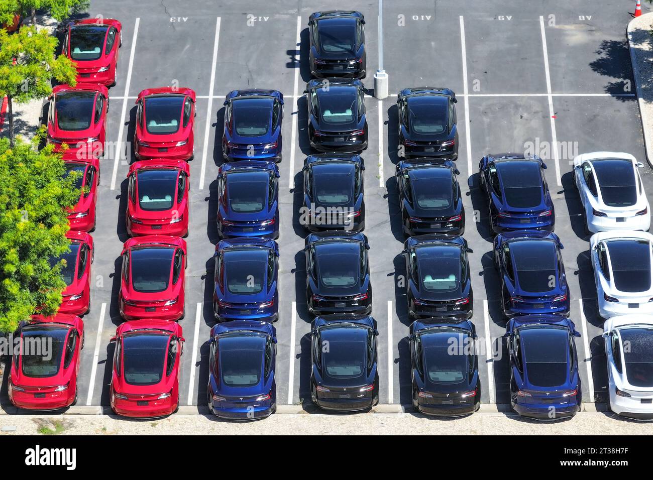 General overall aerial view of Tesla vehicles at the Riverside ...