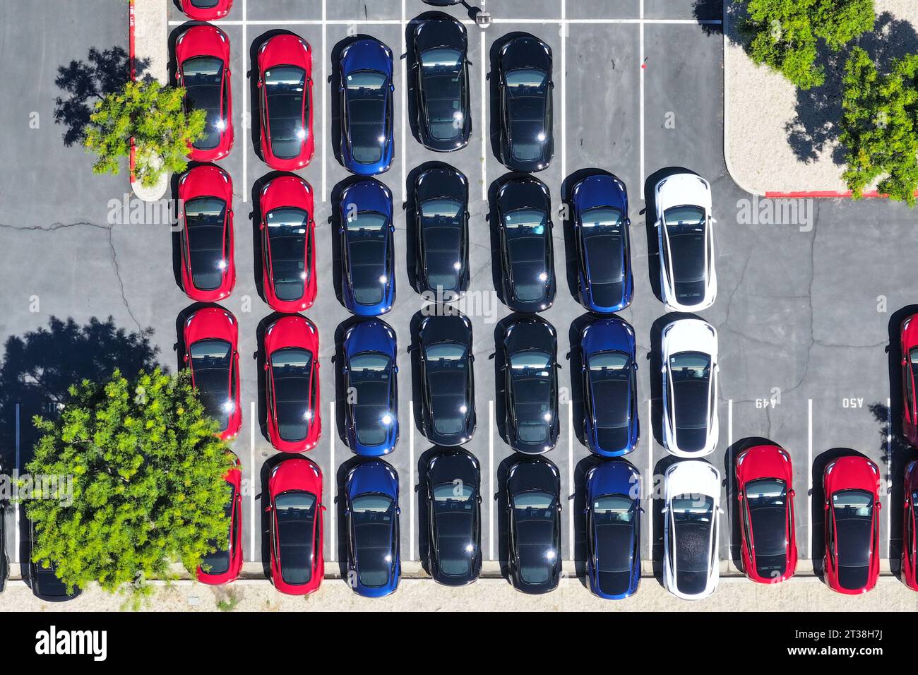 General overall aerial view of Tesla vehicles at the Riverside ...