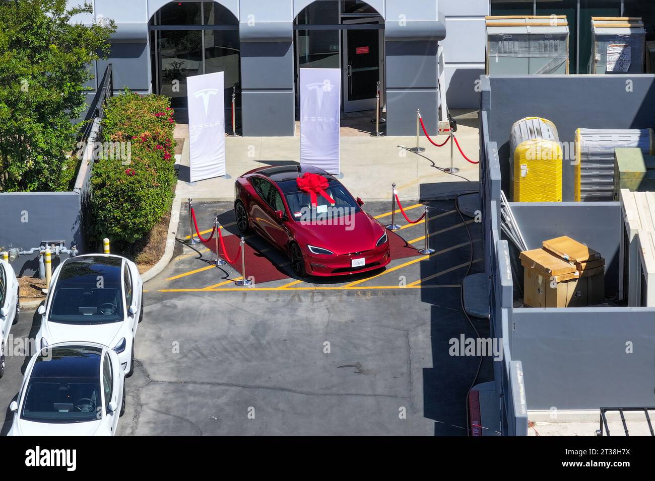 General overall aerial view of Tesla vehicles at the Riverside ...
