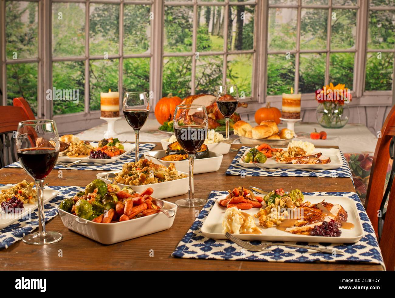 Thanksgiving dinner with all fixings and red wine, no people Stock ...