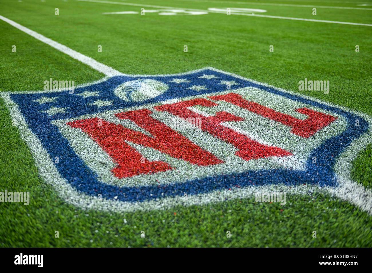 The NFL Shield logo is displayed on the field of SoFi Stadium after an ...
