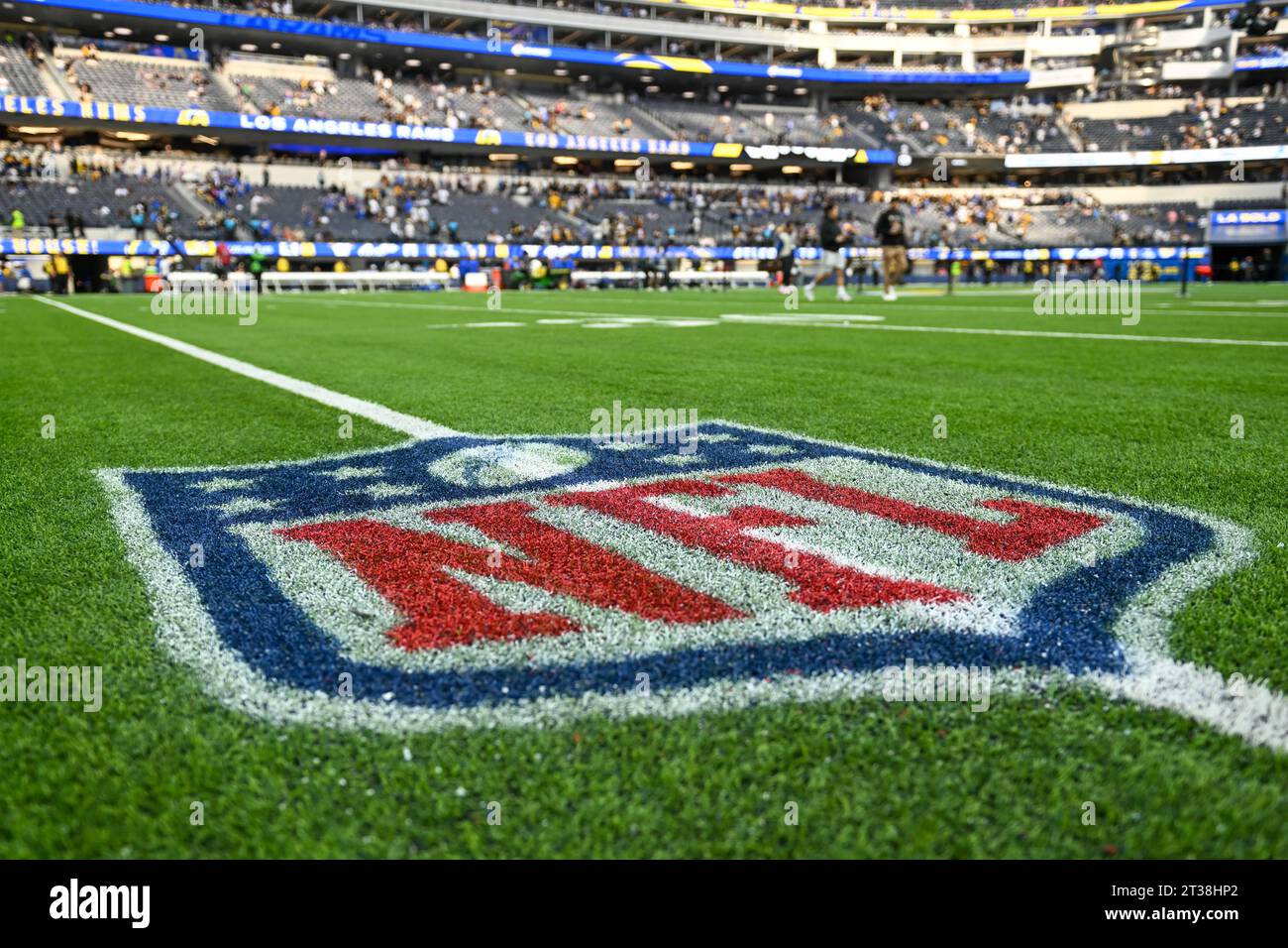 The NFL Shield logo is displayed on the field of SoFi Stadium after an ...
