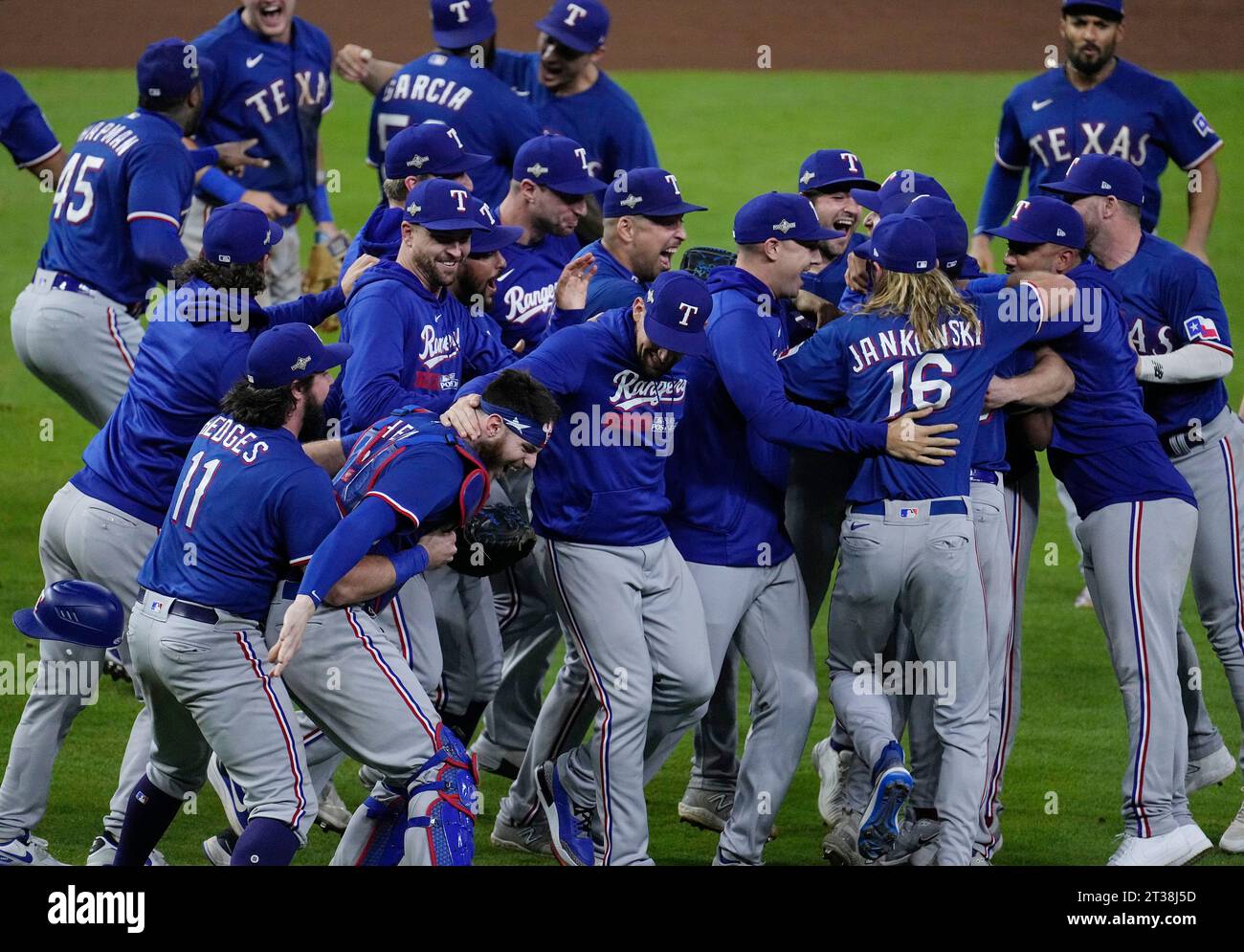Houston, United States. 23rd Oct, 2023. Texas Rangers players celebrate ...