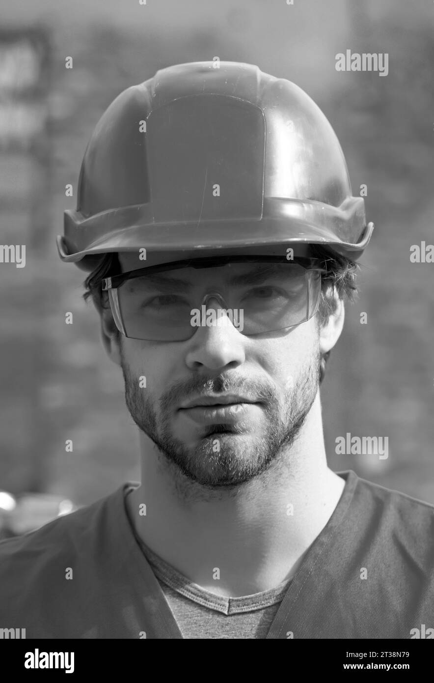 Portrait of worker man at construction site. Construction builder Stock ...
