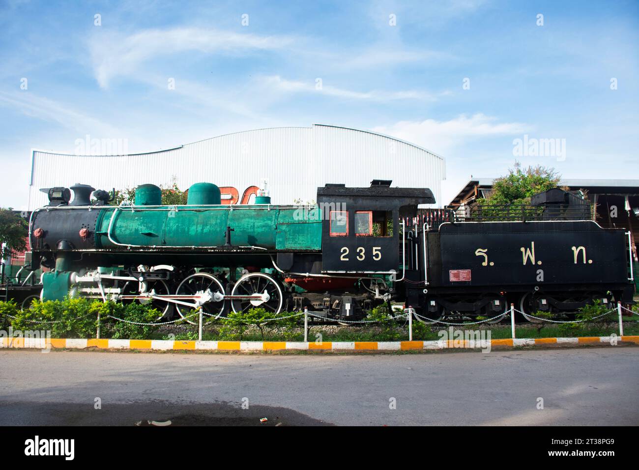 Antique model local steam locomotive on track railway stop for show ...